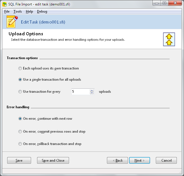 SQL File Import online help - Transaction options