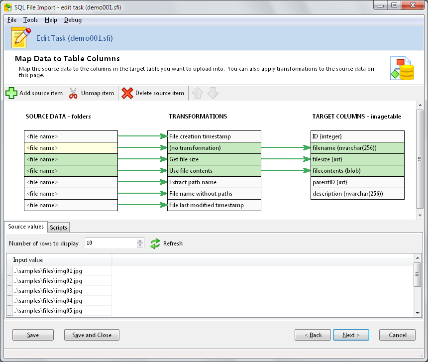 SQL File Import online help - Map data to table columns